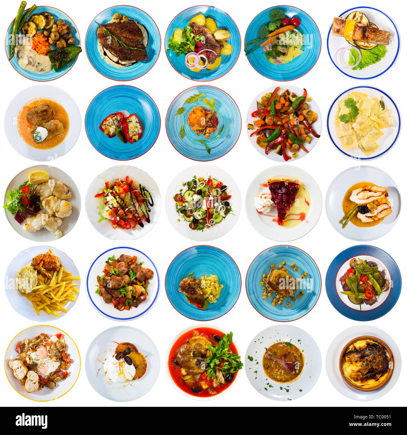 Collage of meals from different cuisines on round plates isolated on ...