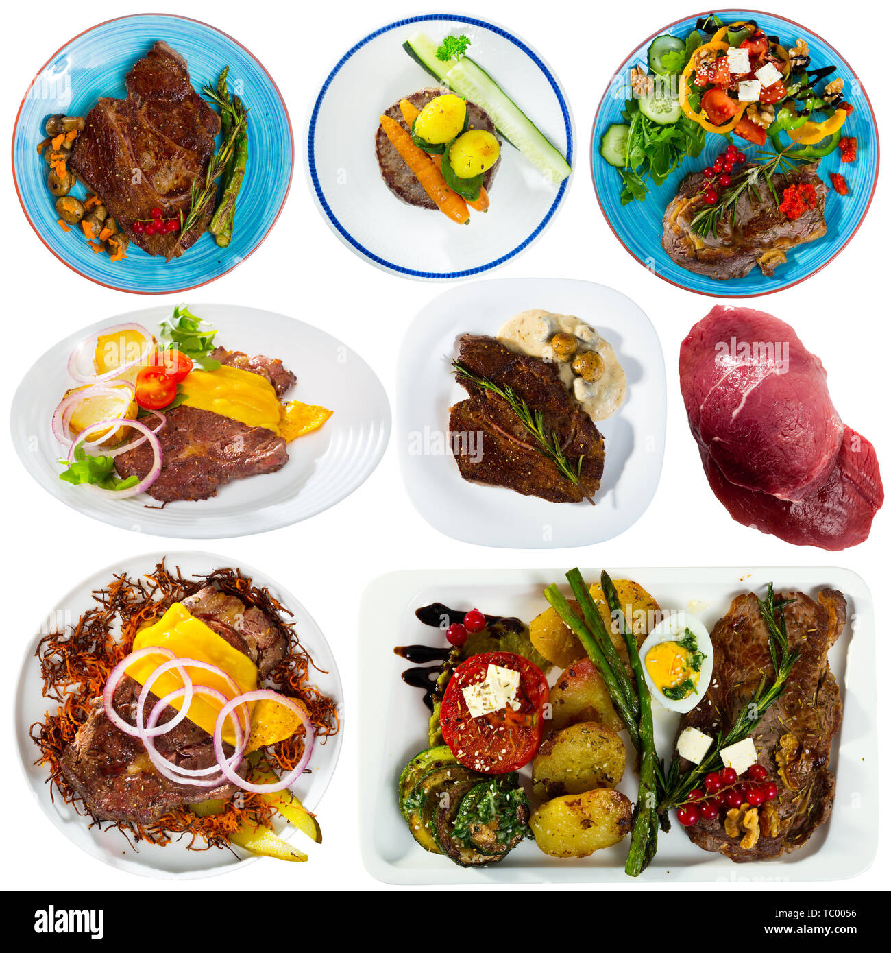Collage of different dishes from beef and view of raw meat isolated on ...
