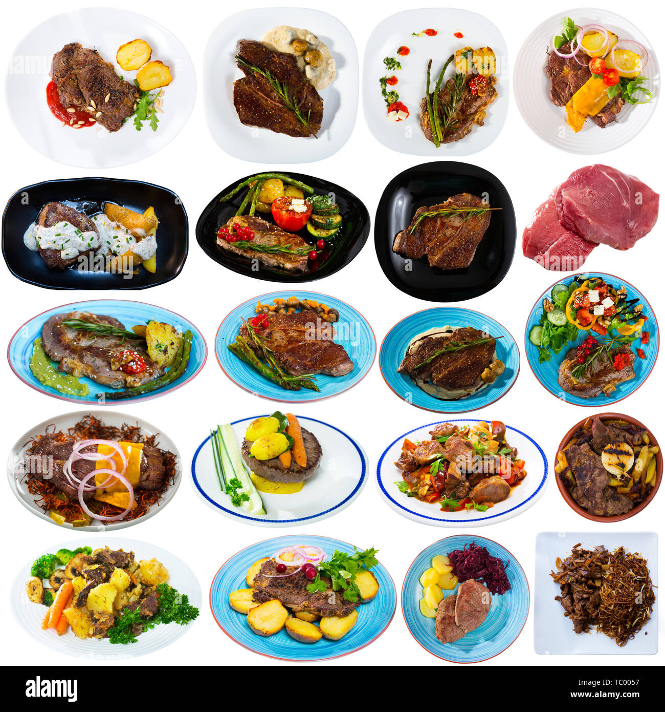 Set of various plates of tasty beef steaks and chops with vegetables ...