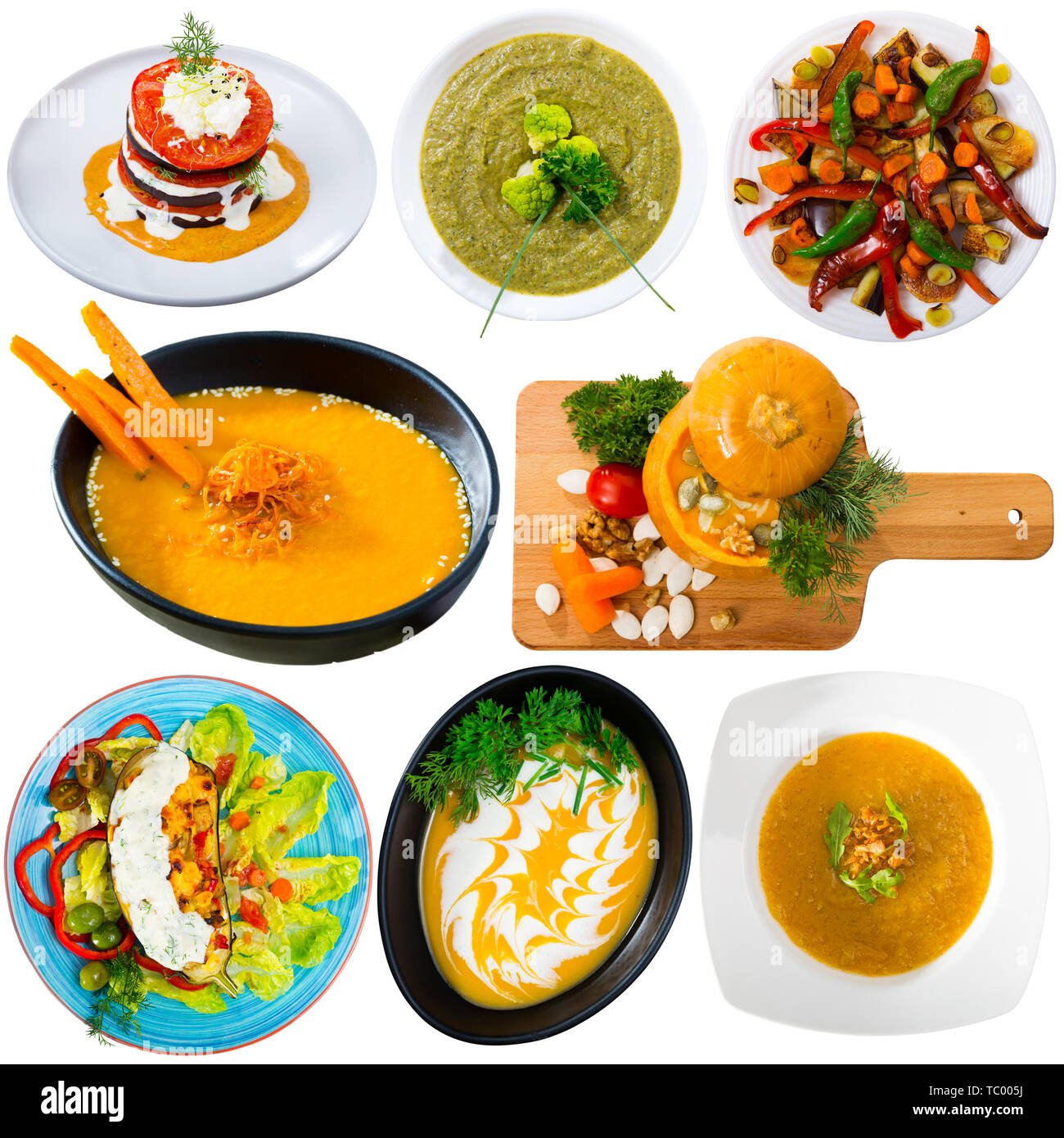 Set of assorted dishes with vegetables isolated on white, vegetarian ...