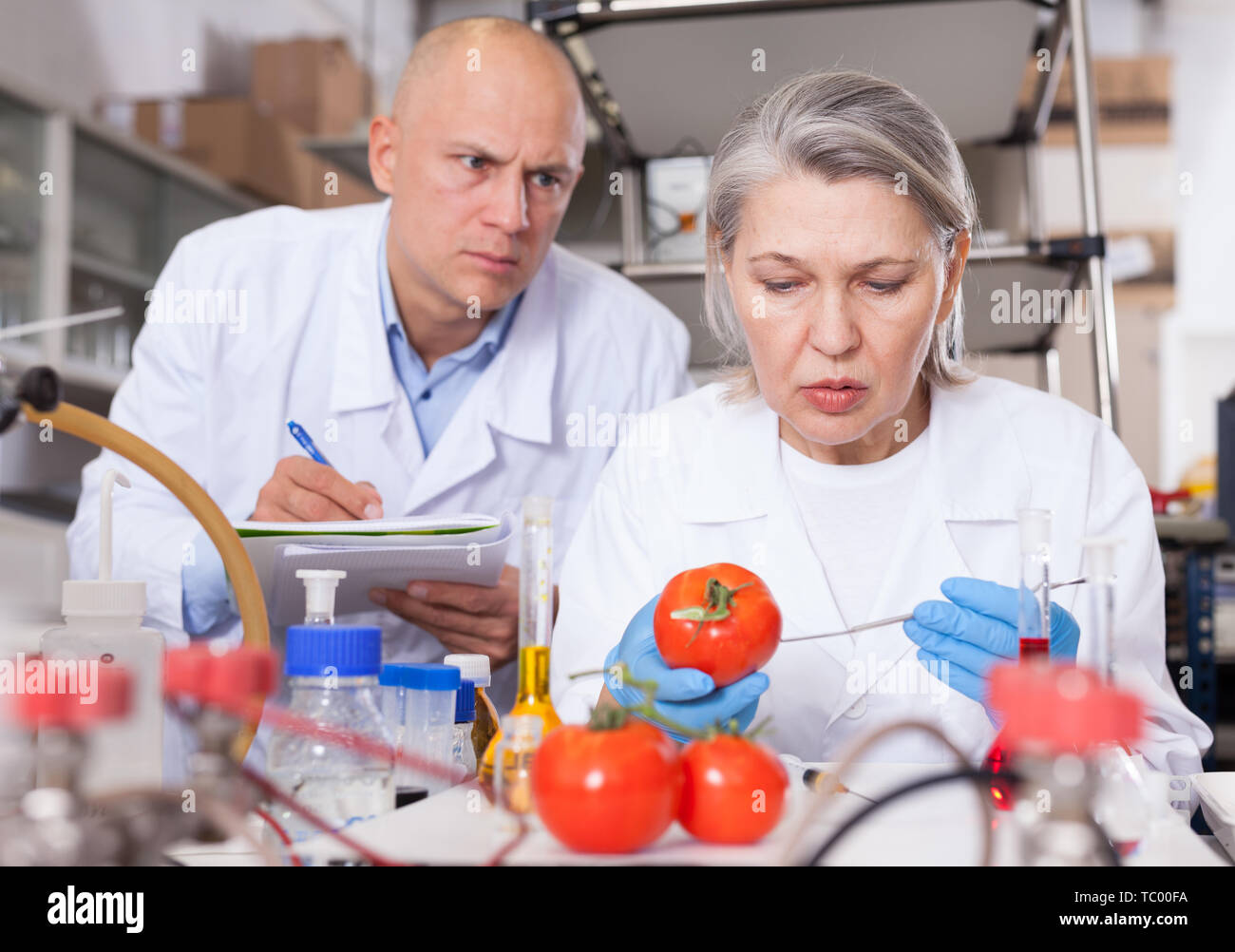 Two professional genetic scientists working in laboratory, taking notes ...