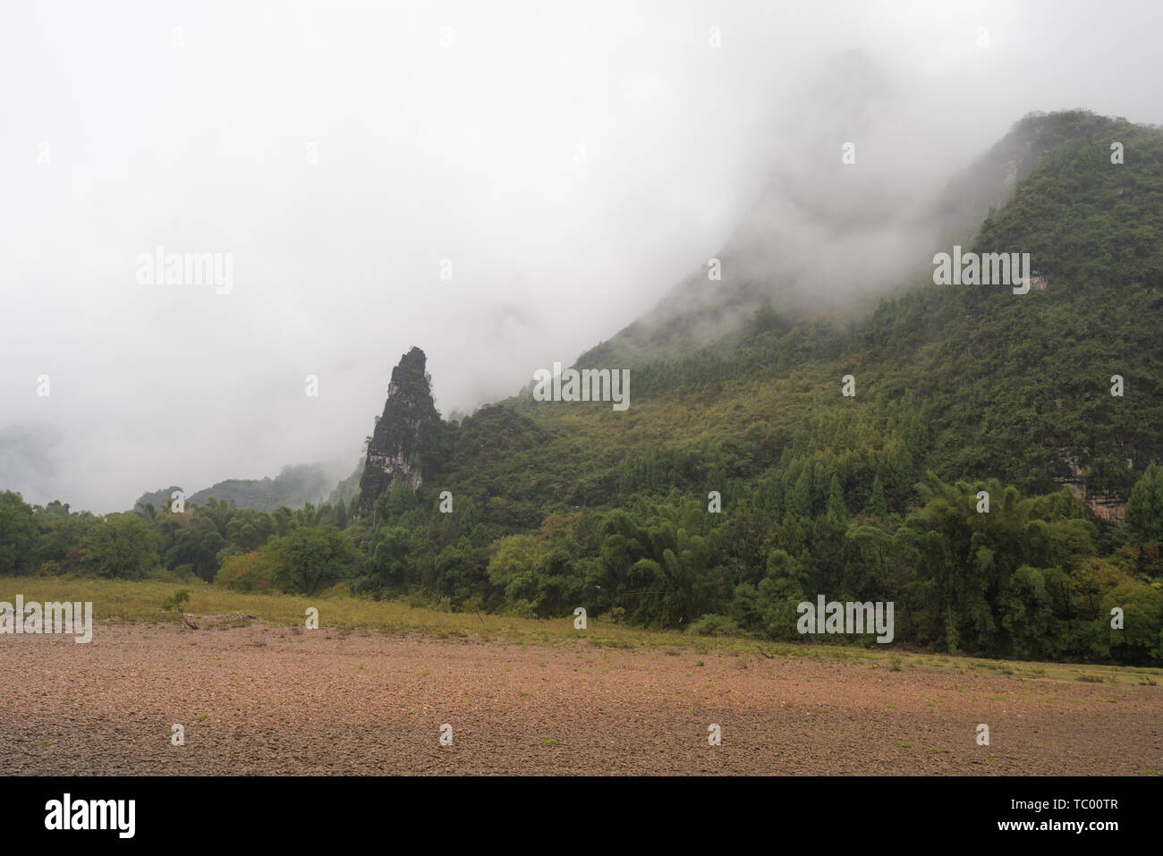 Landscape of the Li River in Guilin, China in the smoke and rain Stock ...