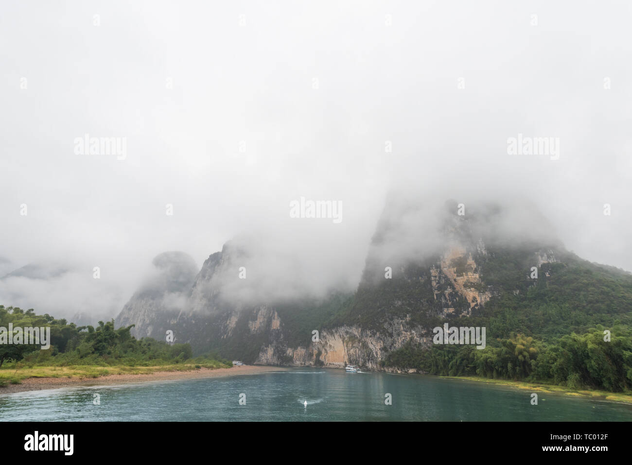Landscape of the Li River in Guilin, China in the smoke and rain Stock ...