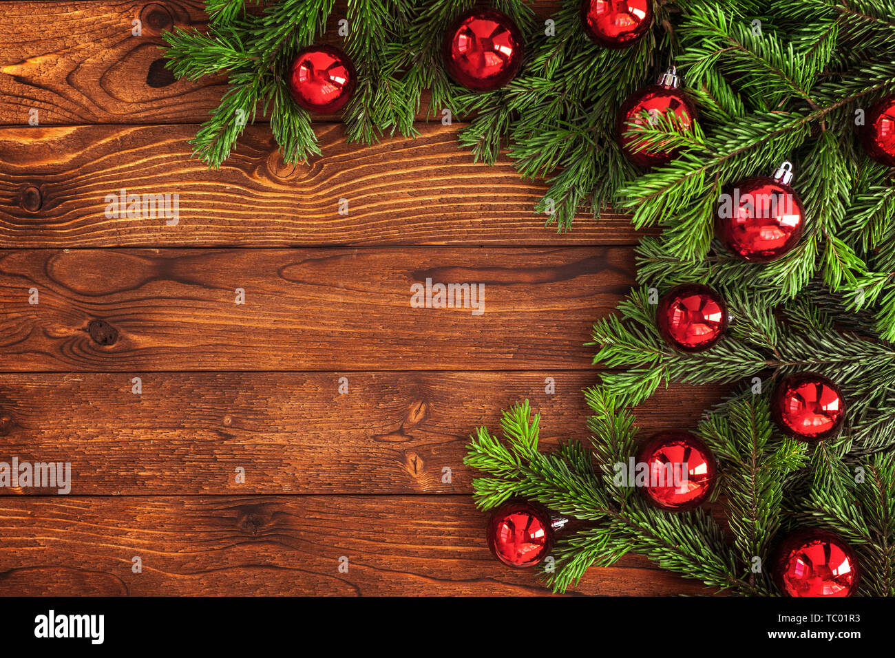 Christmas fir tree with decoration on a wooden board Stock Photo - Alamy