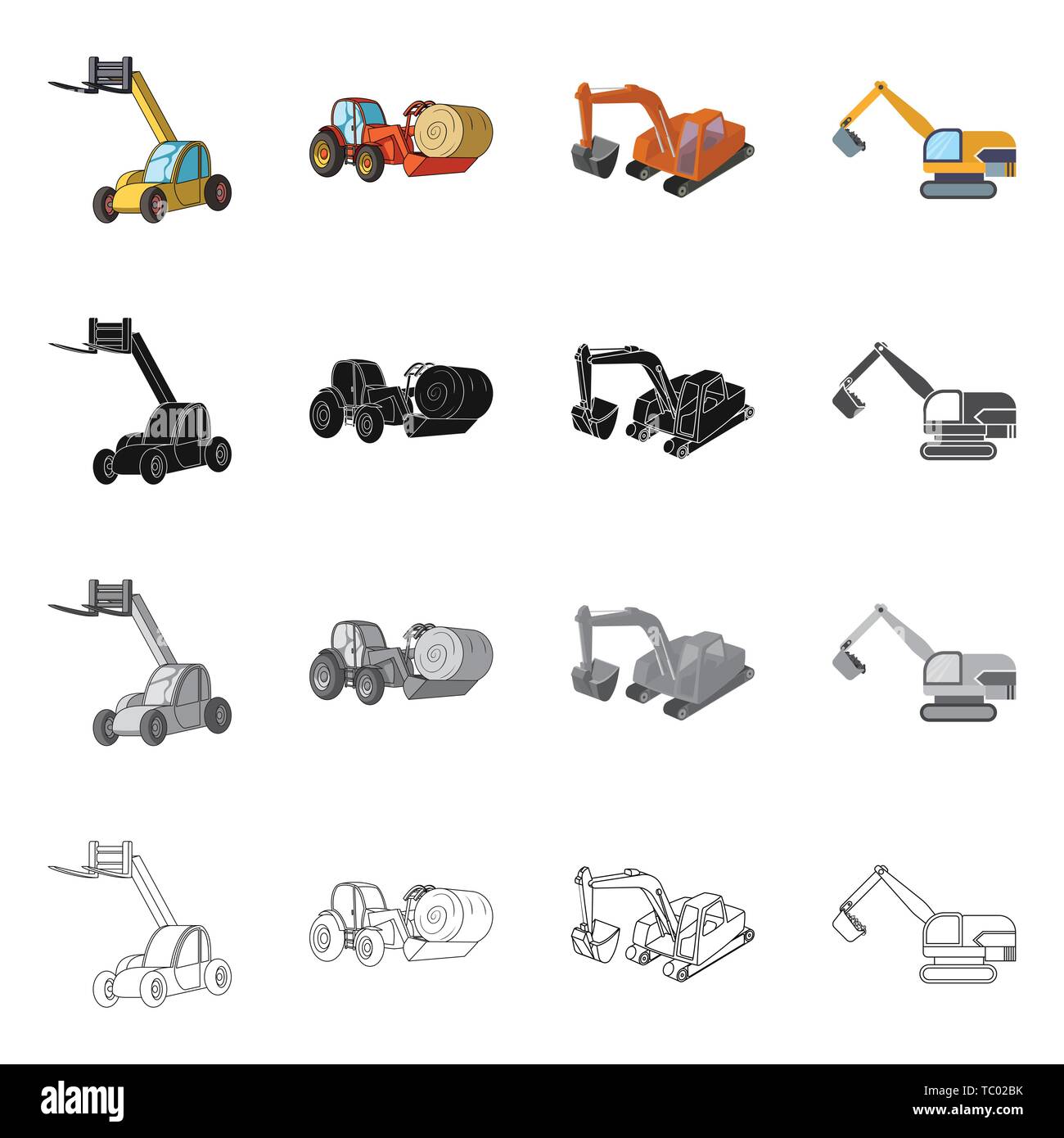 Vector illustration of front and excavator sign. Set of front and ...