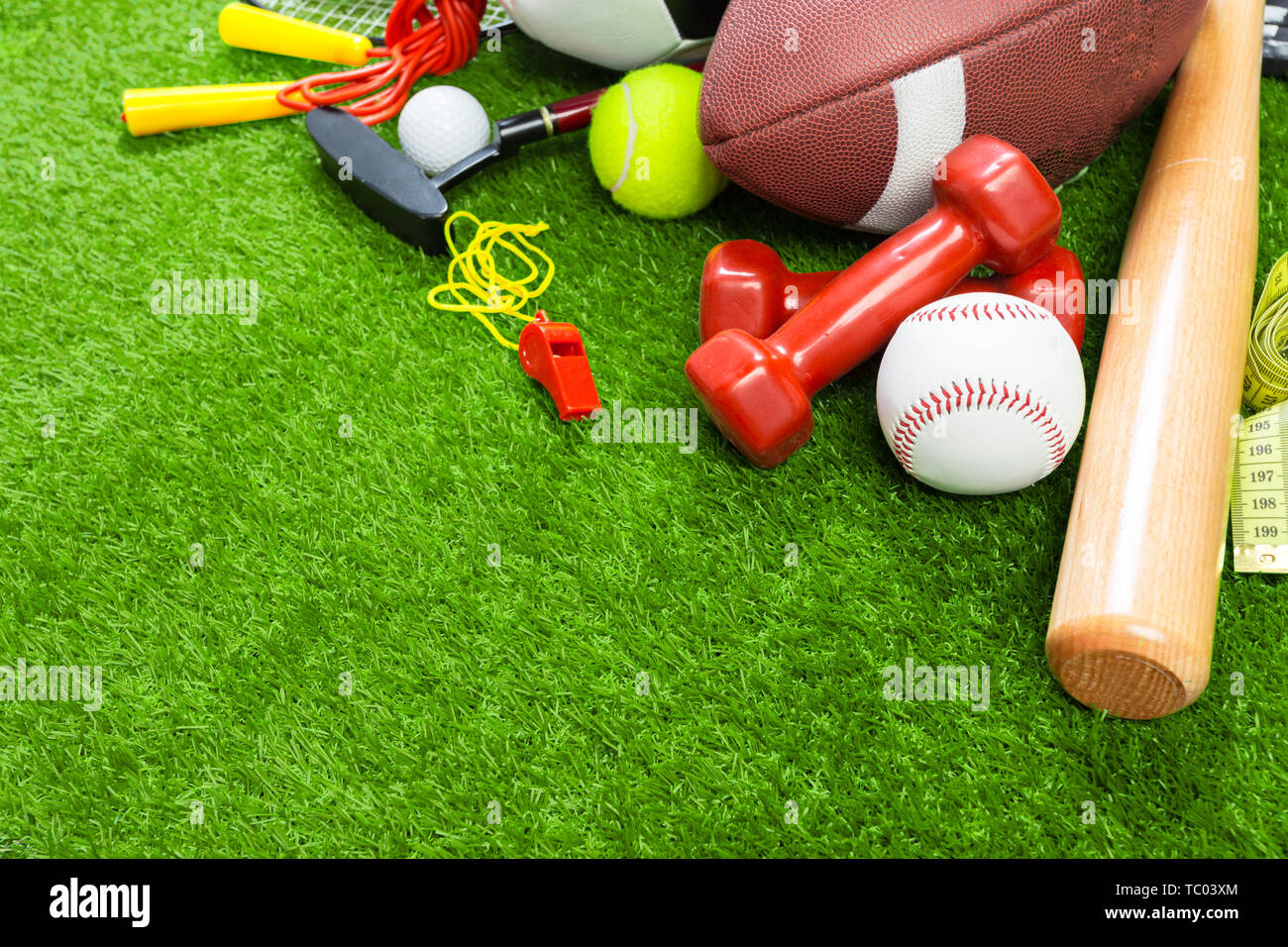 Various sport tools on grass Stock Photo - Alamy