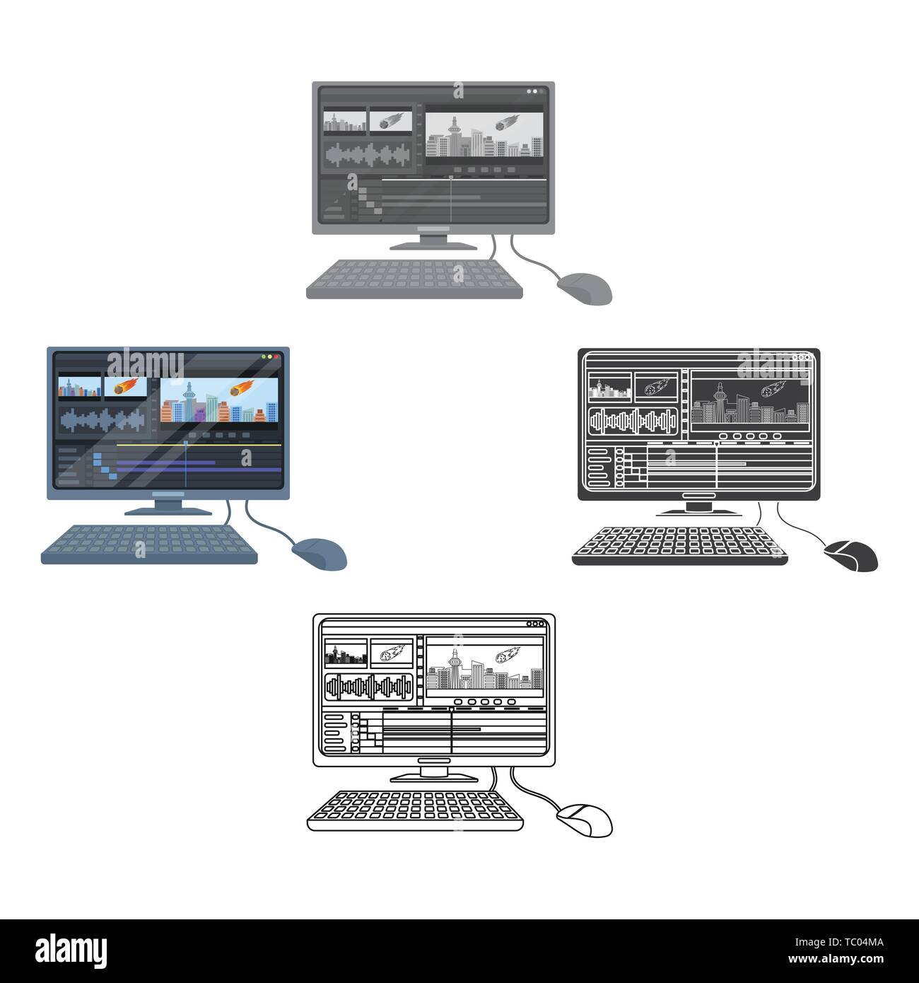 Computer with keyboard.Making movie single icon in cartoon,black style ...
