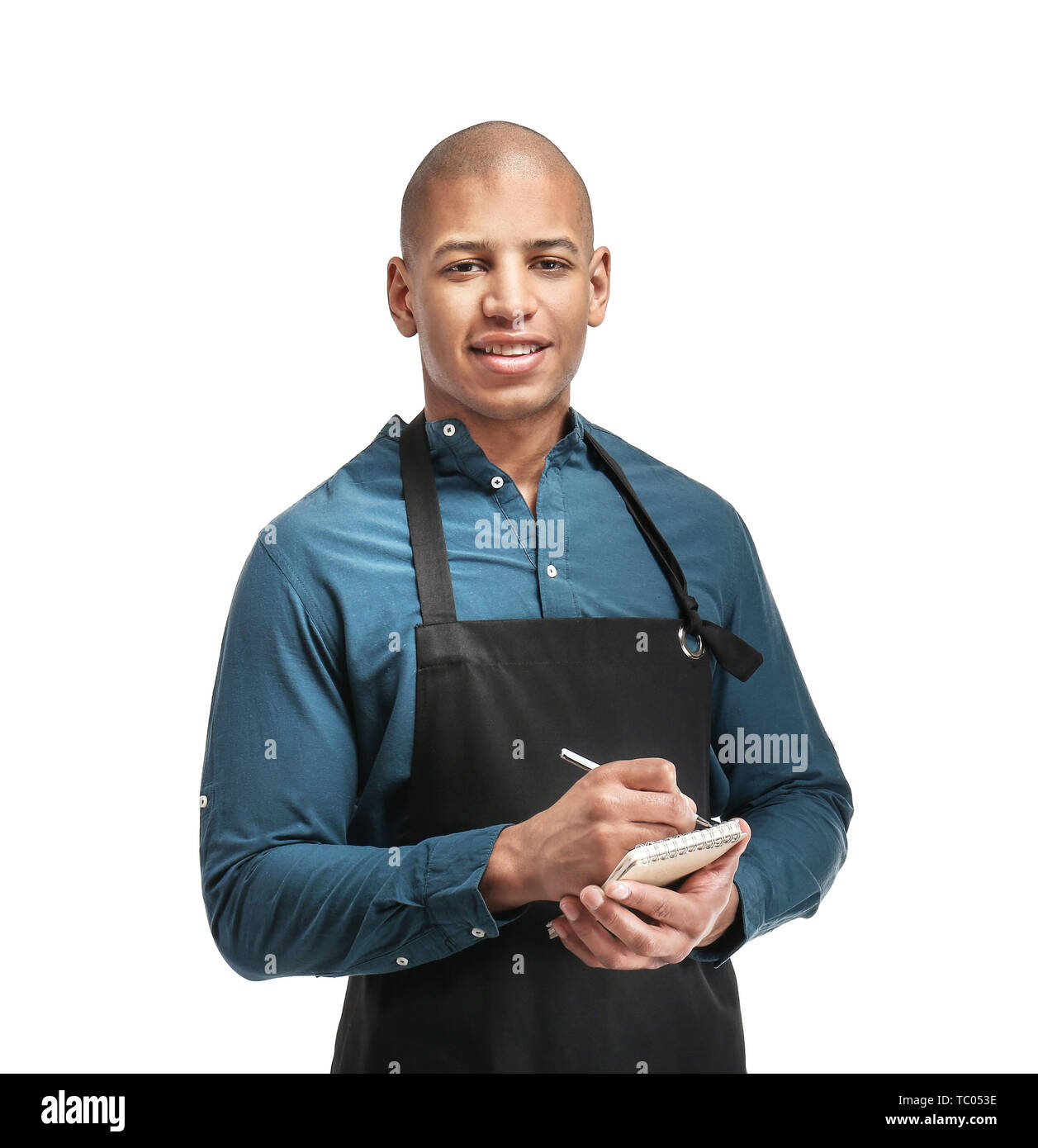 Handsome African-American waiter on white background Stock Photo - Alamy