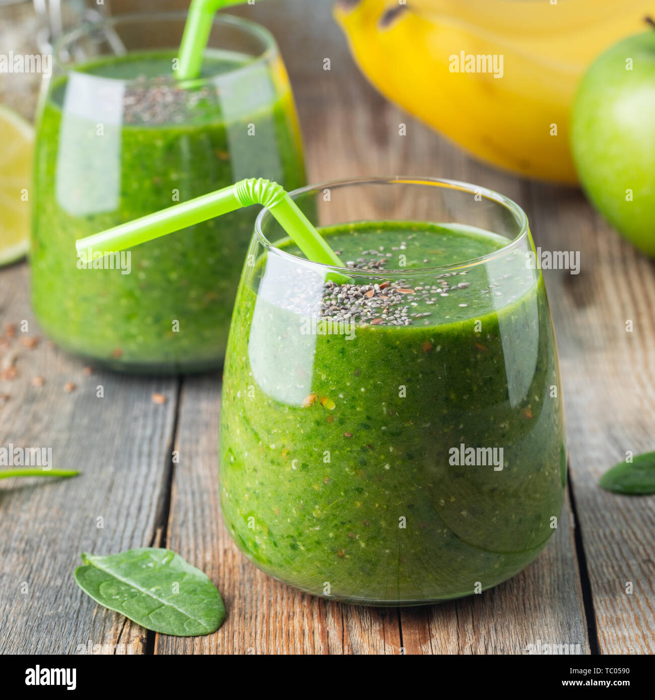 Green fresh healthy smoothie with fruits and vegetables Stock Photo - Alamy
