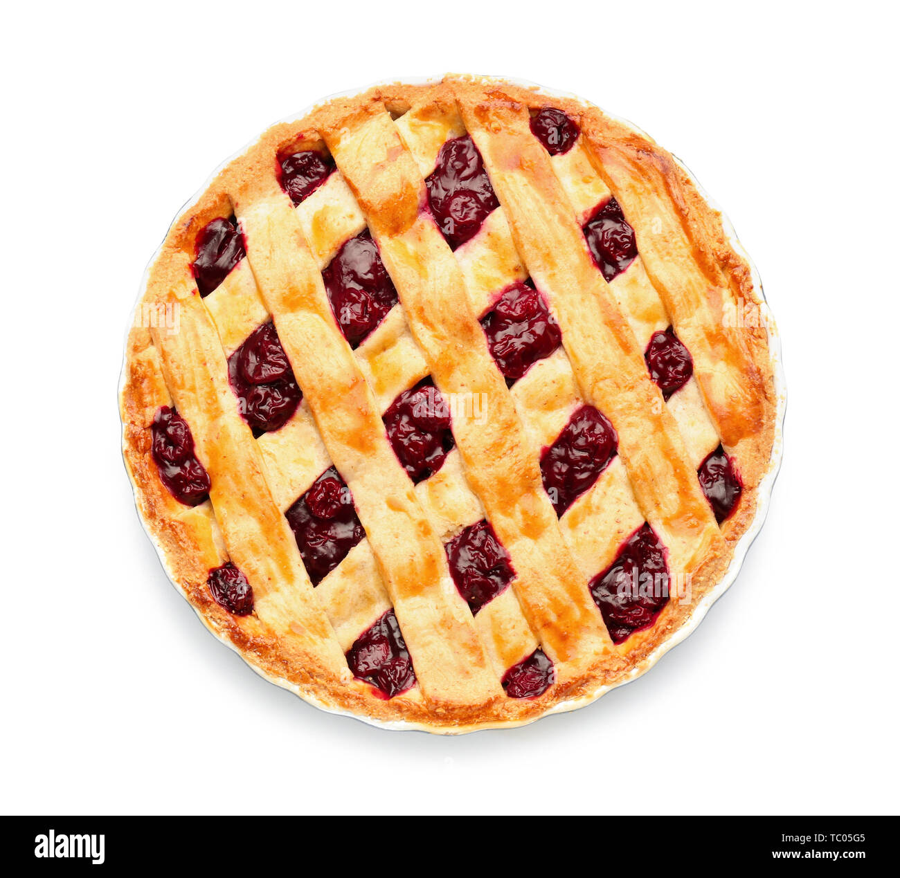 Tasty cherry pie on white background Stock Photo - Alamy