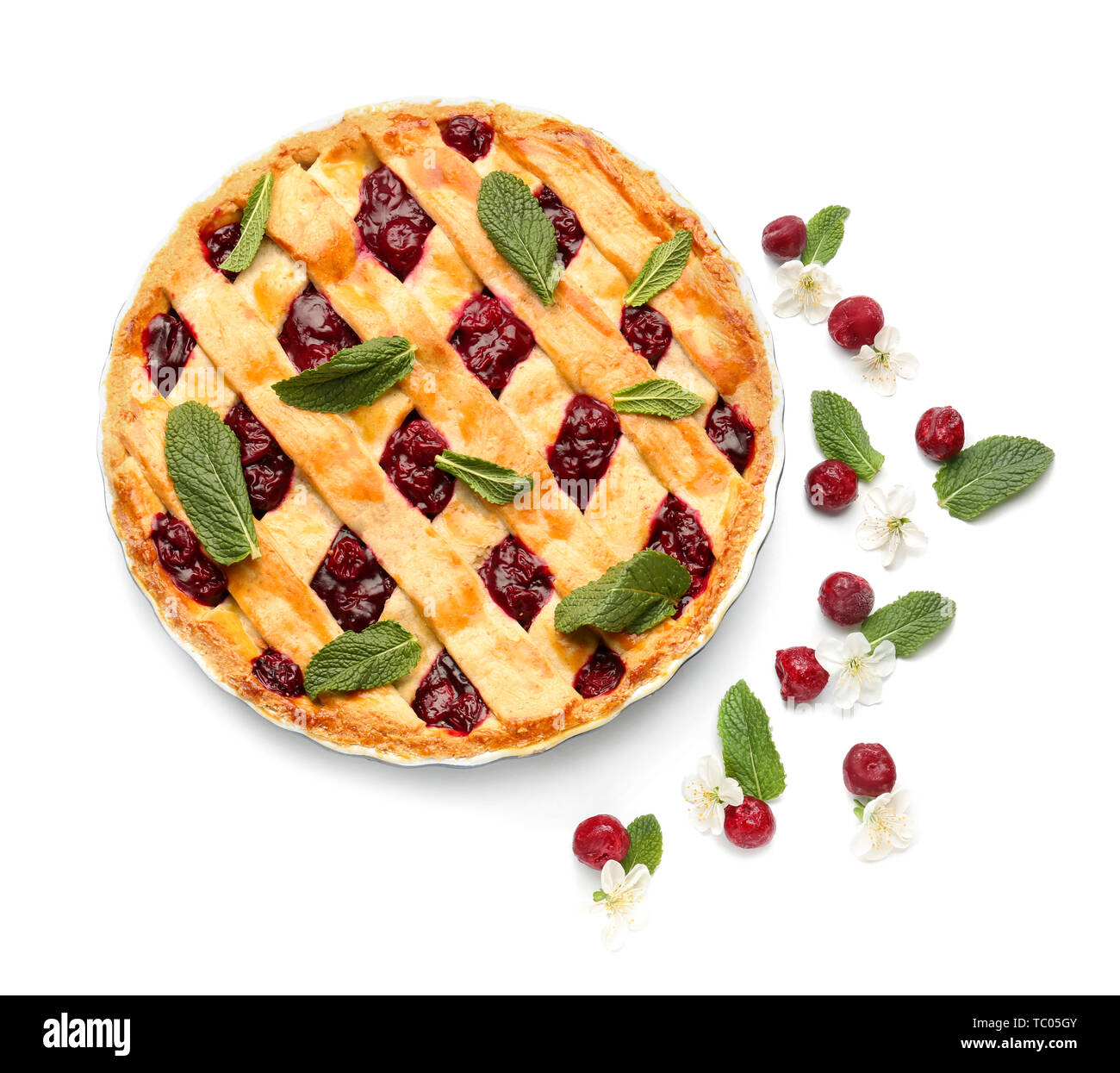 Tasty cherry pie on white background Stock Photo - Alamy