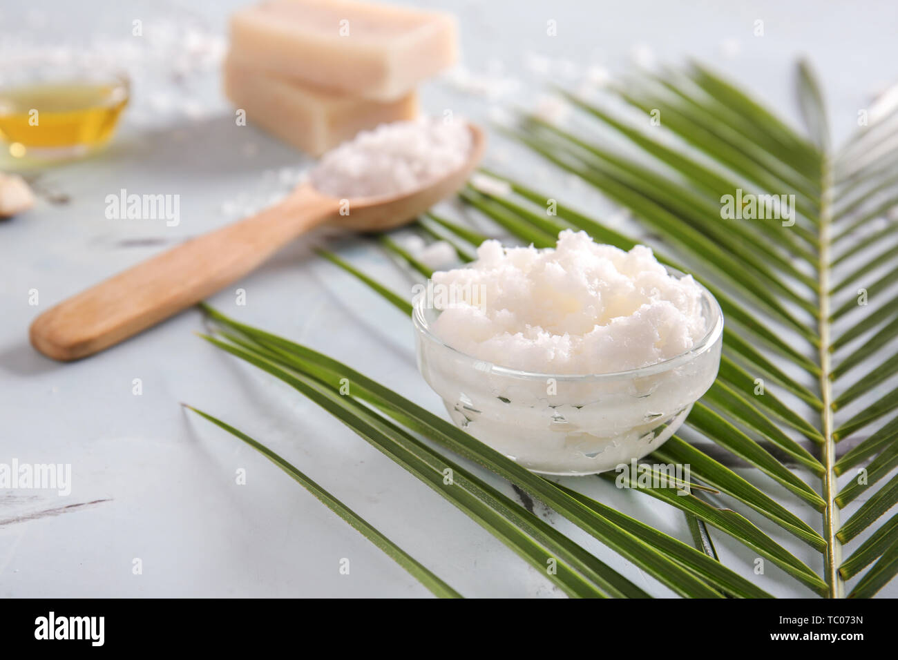 Bowl with body scrub on table Stock Photo - Alamy