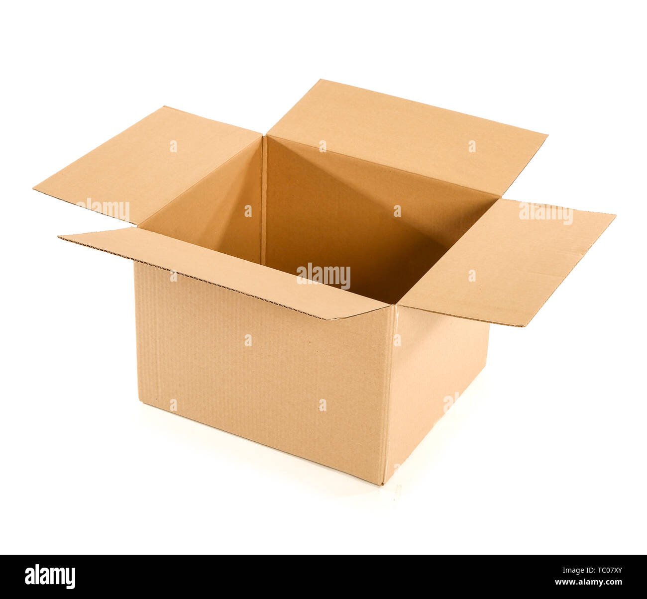 Open cardboard box on white background Stock Photo - Alamy