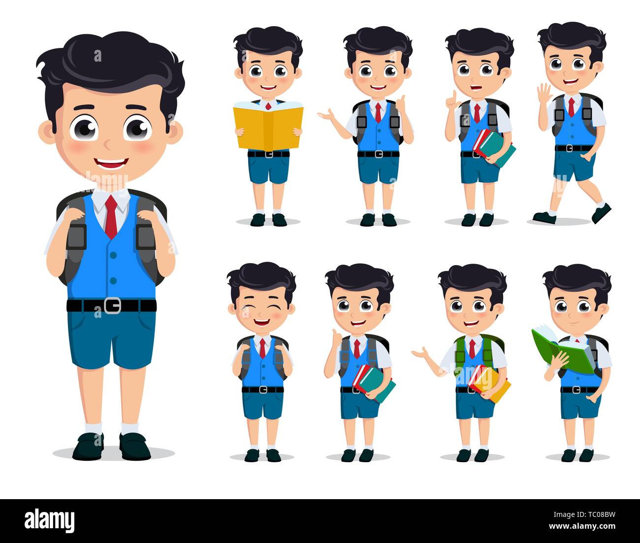 School kids vector characters set. Young student boy wearing school ...