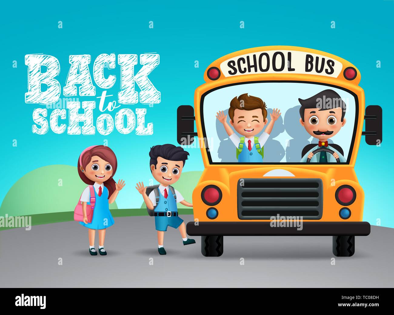 Back to school text and school bus with happy kids or students wearing ...