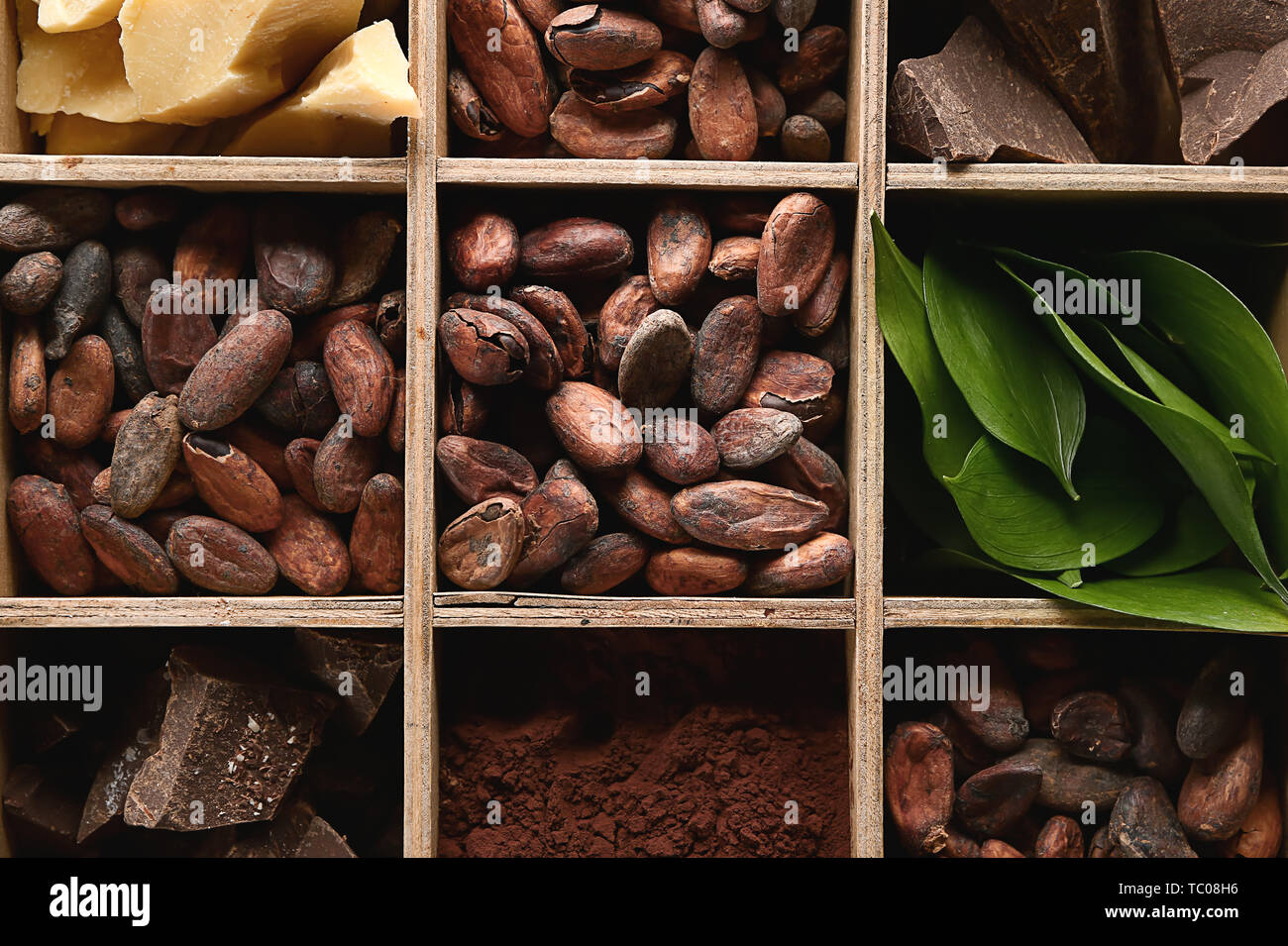 Box with cocoa products, top view Stock Photo - Alamy