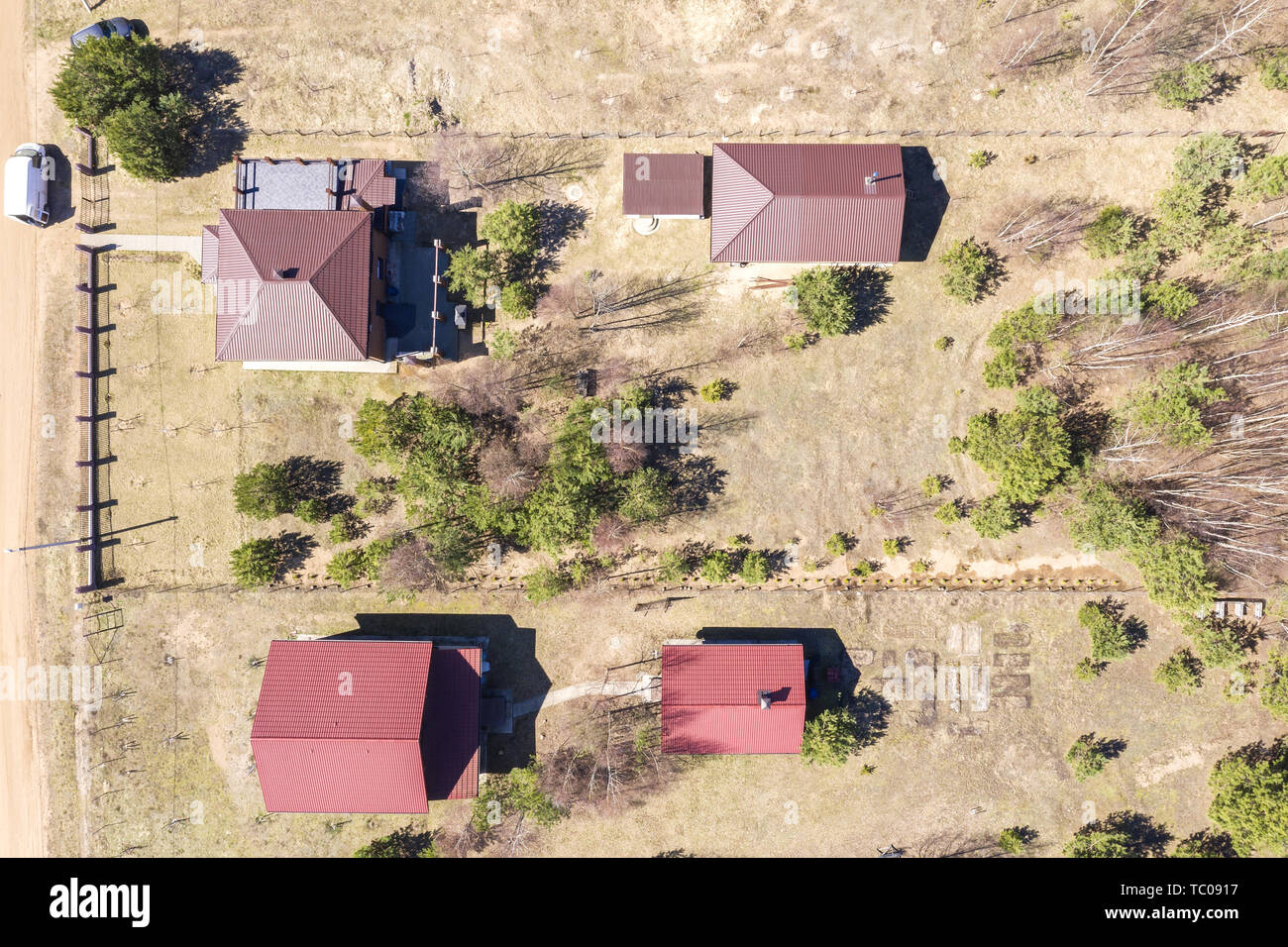 aerial top view of rural houses with red roof in springtime Stock Photo ...