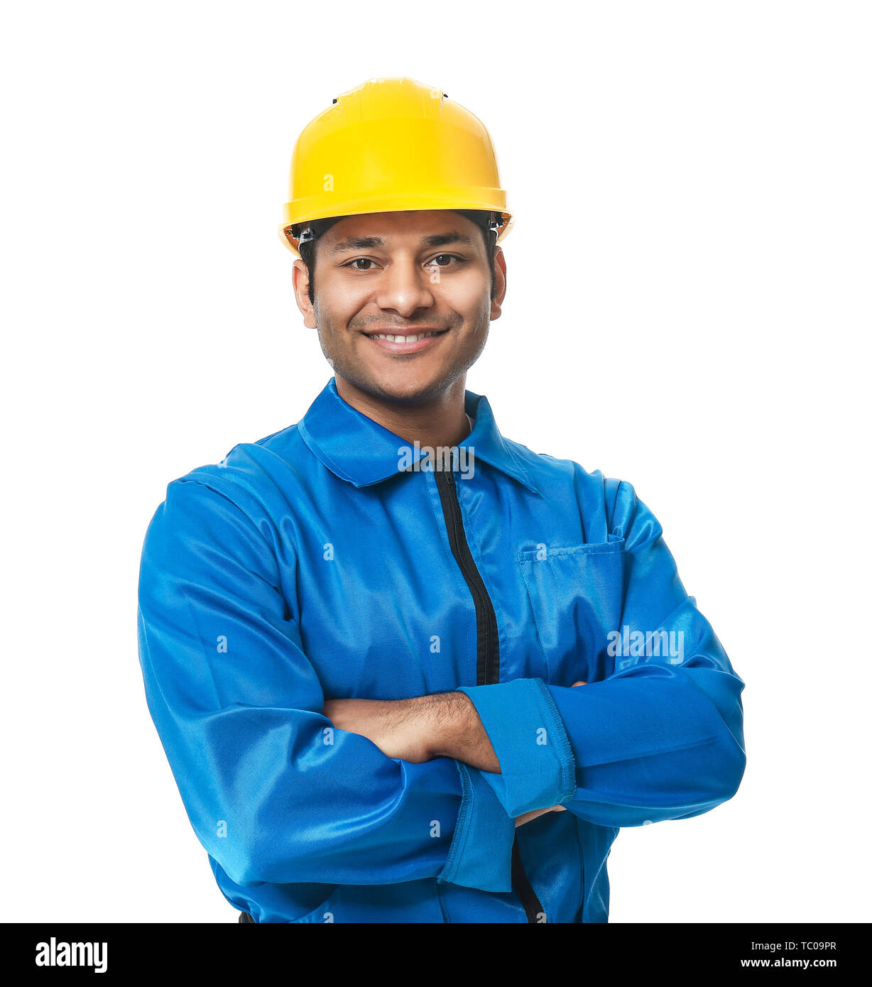 Handsome worker in hardhat on white background Stock Photo - Alamy