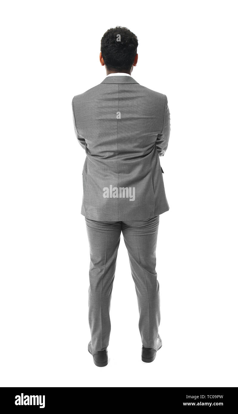 Handsome businessman on white background, back view Stock Photo - Alamy