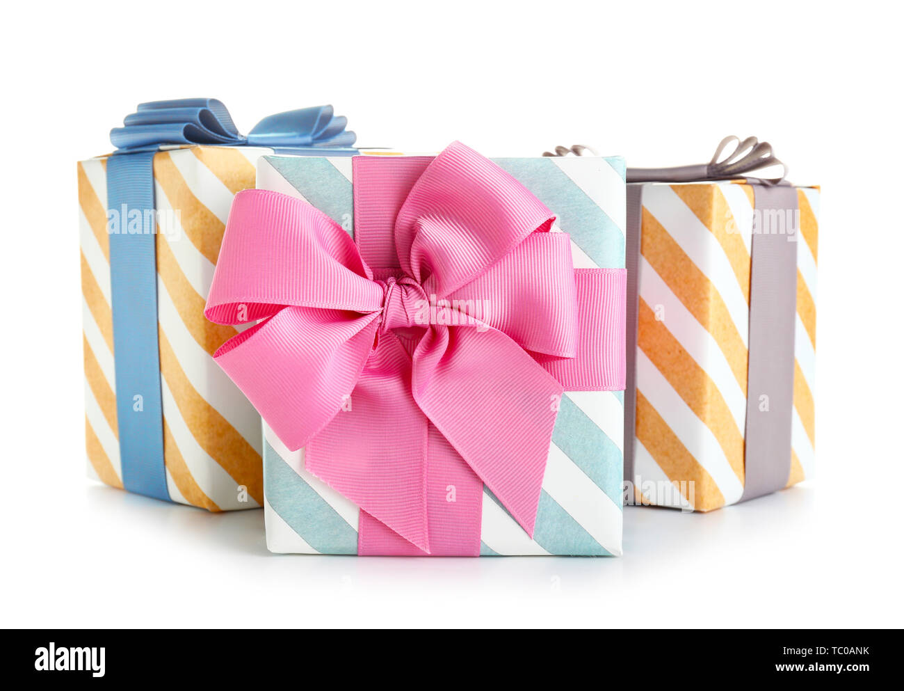 Beautiful gift boxes on white background Stock Photo - Alamy