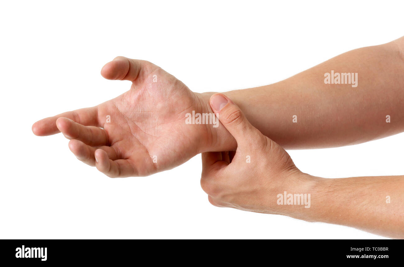 Man checking his pulse on white background, closeup Stock Photo - Alamy