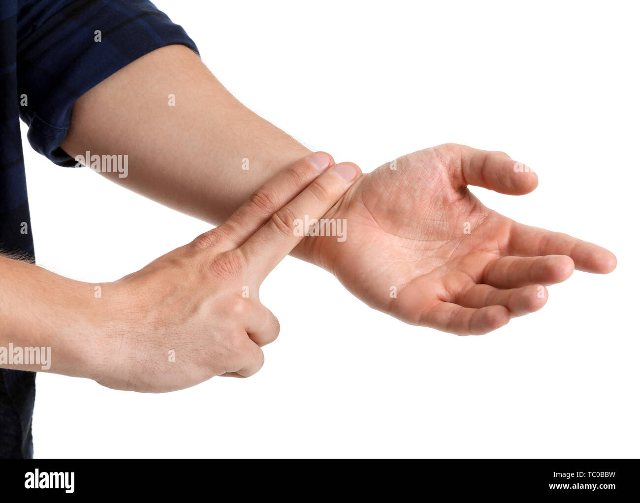 Man checking his pulse on white background, closeup Stock Photo - Alamy