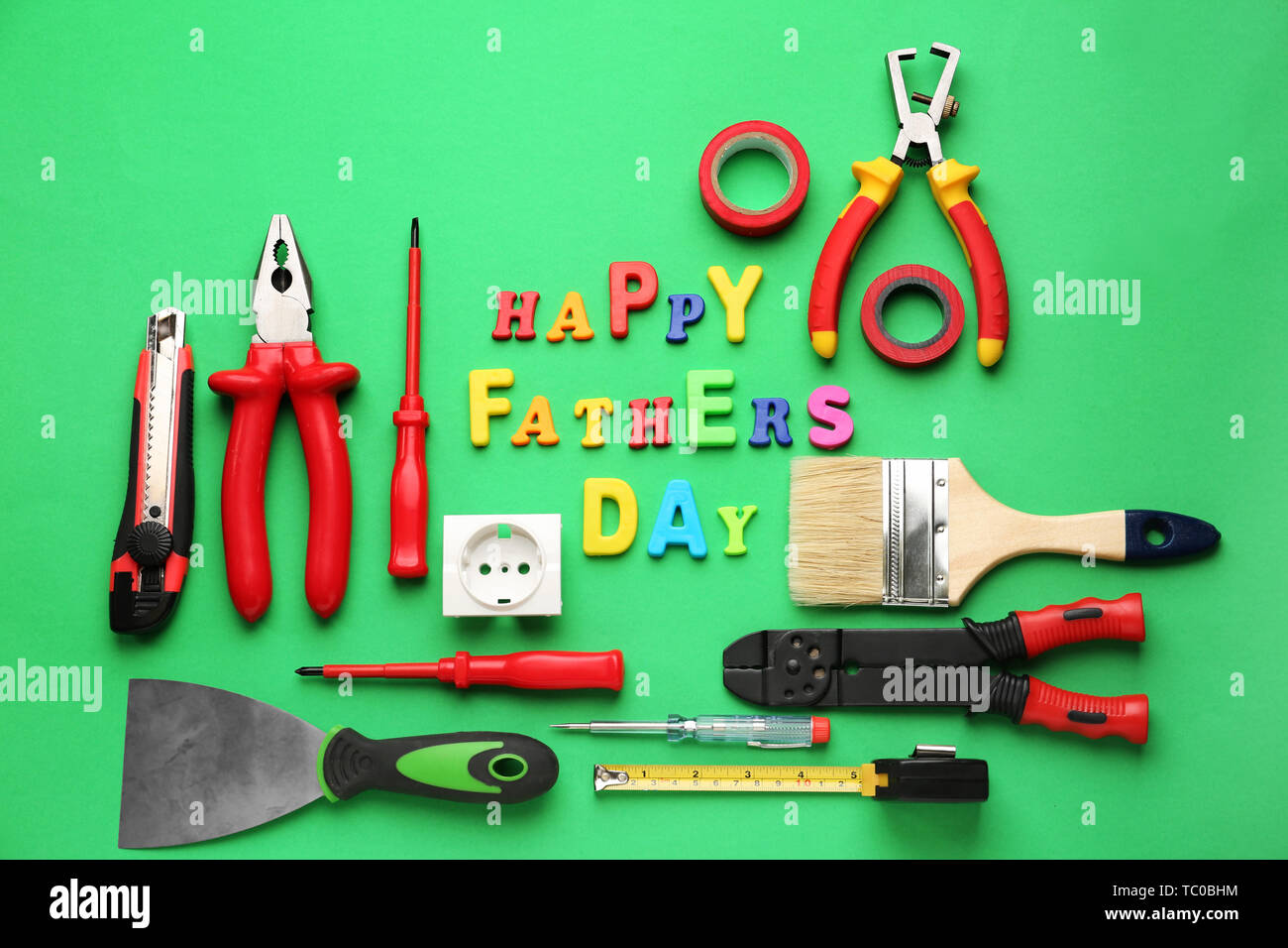 Different tools and text "Happy Father's Day" on color background Stock ...