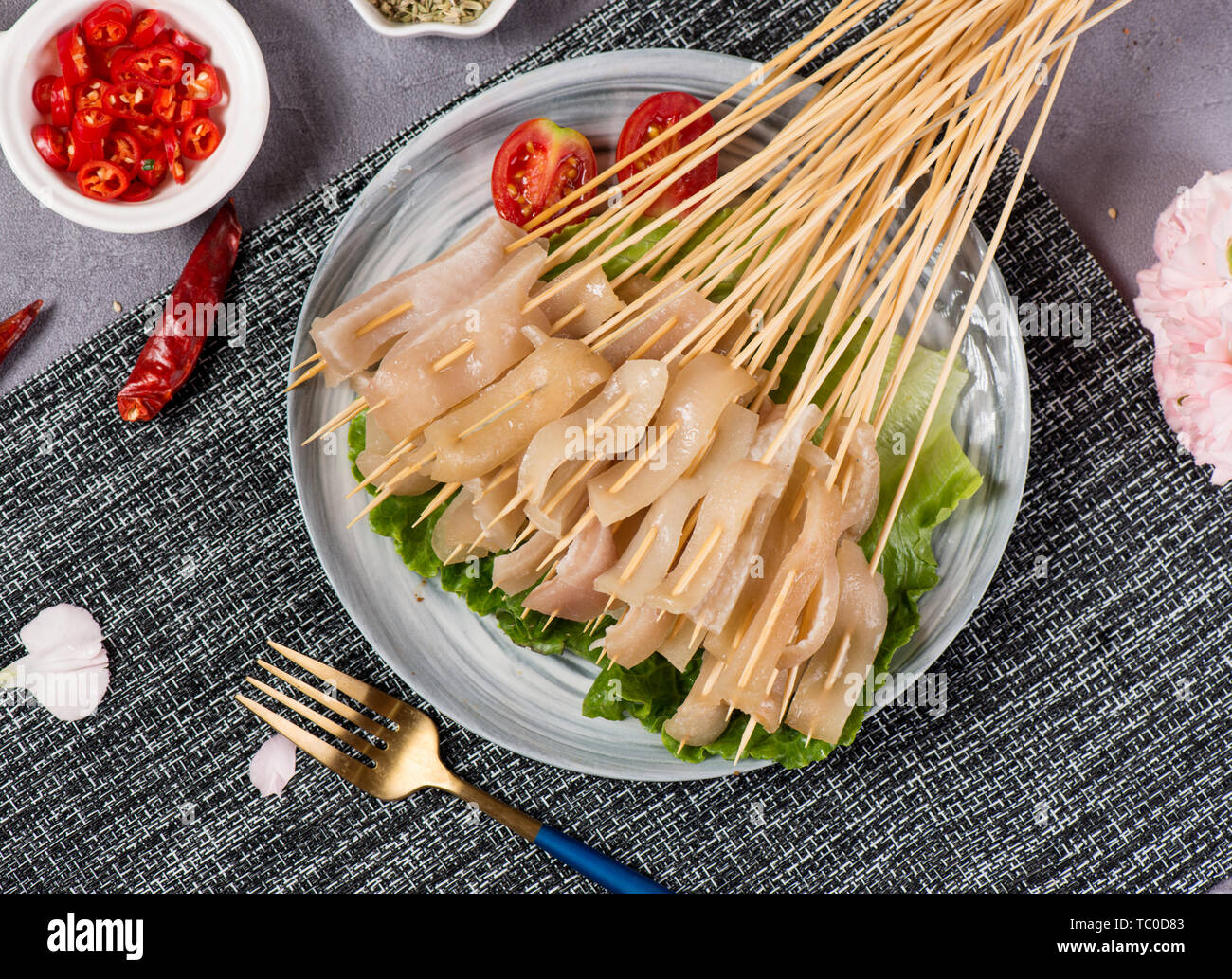 Iron plate barbecue lamb kebab, duck gizzard, lamb, pork beef Stock ...