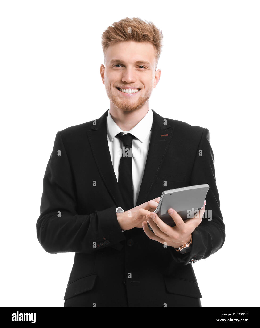 Portrait of male accountant on white background Stock Photo - Alamy