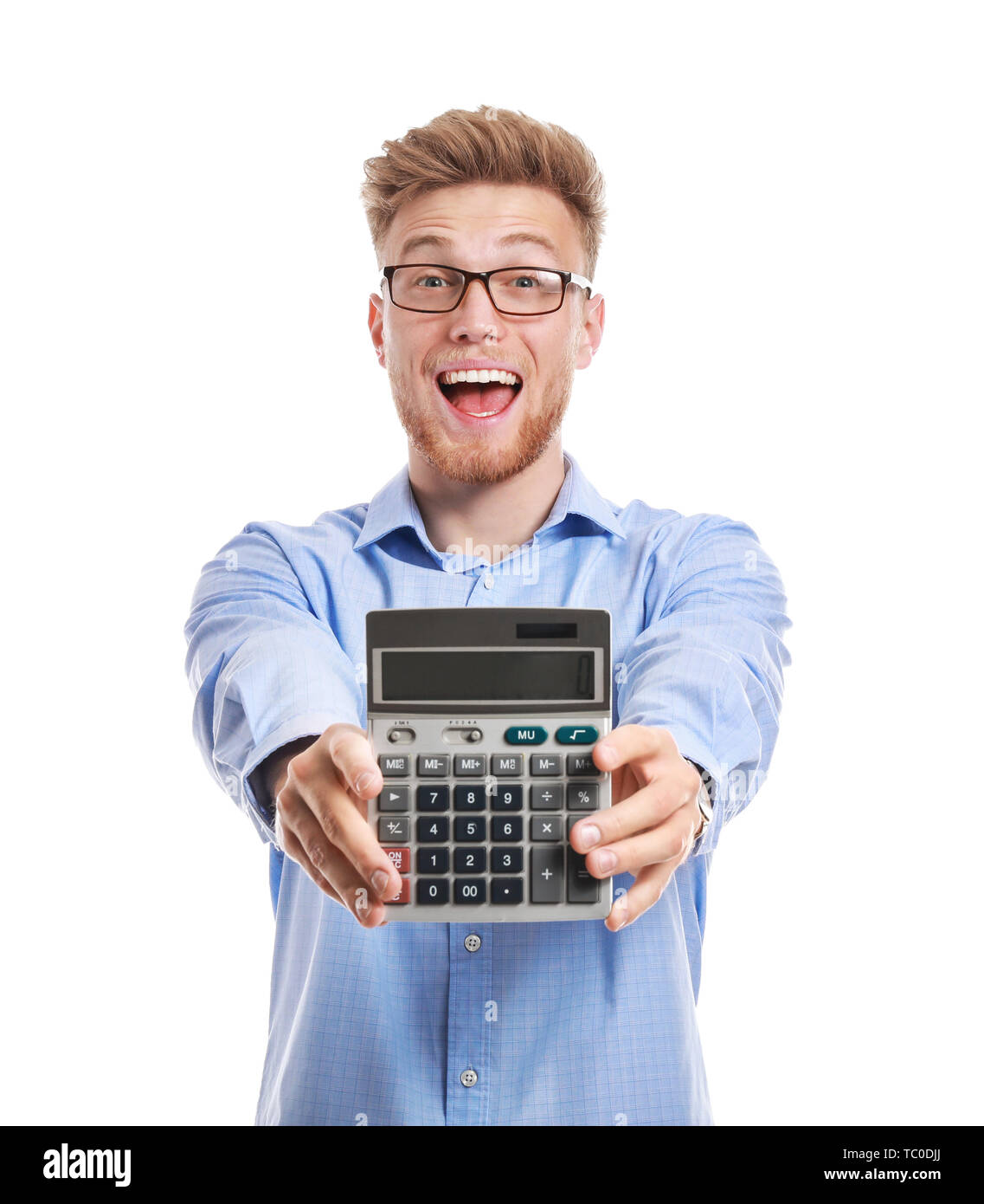 Portrait of happy male accountant on white background Stock Photo - Alamy