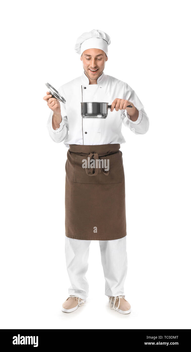 Handsome male chef with pot on white background Stock Photo - Alamy