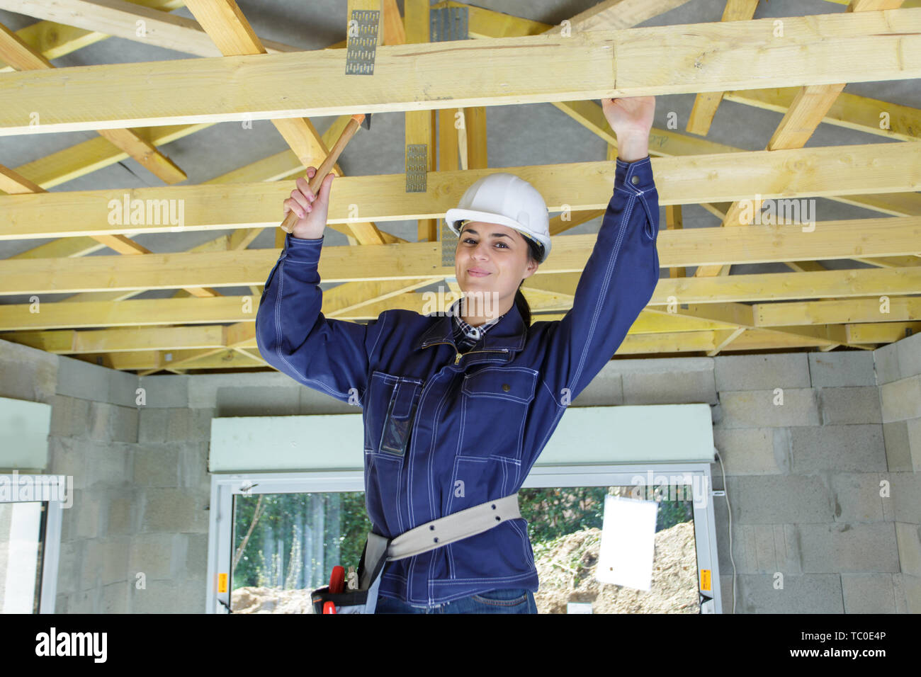 female carpenter using hammers to nail wood Stock Photo - Alamy