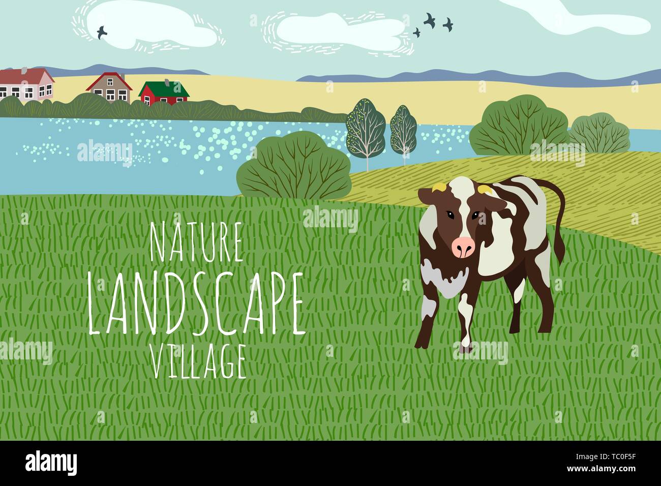 Freehand drawing of a summer day in the village. Cute flat vector ...