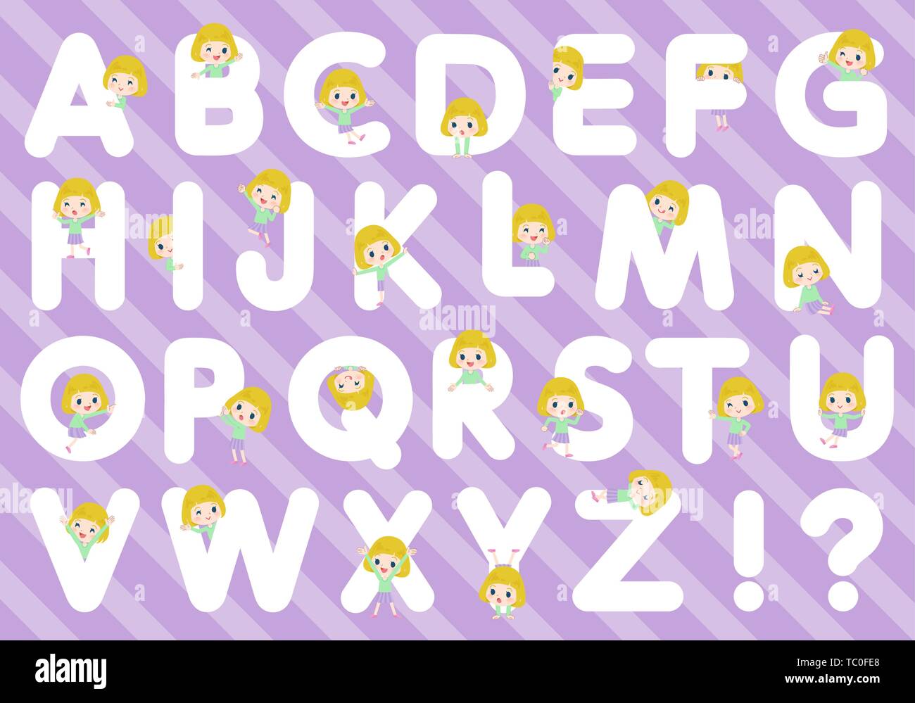 A set of Caucasian girl designed with alphabet.Characters with fun ...
