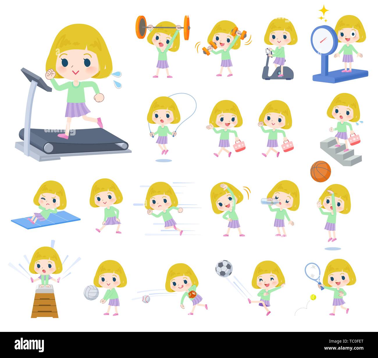 A set of Caucasian girl on exercise and sports.There are various ...