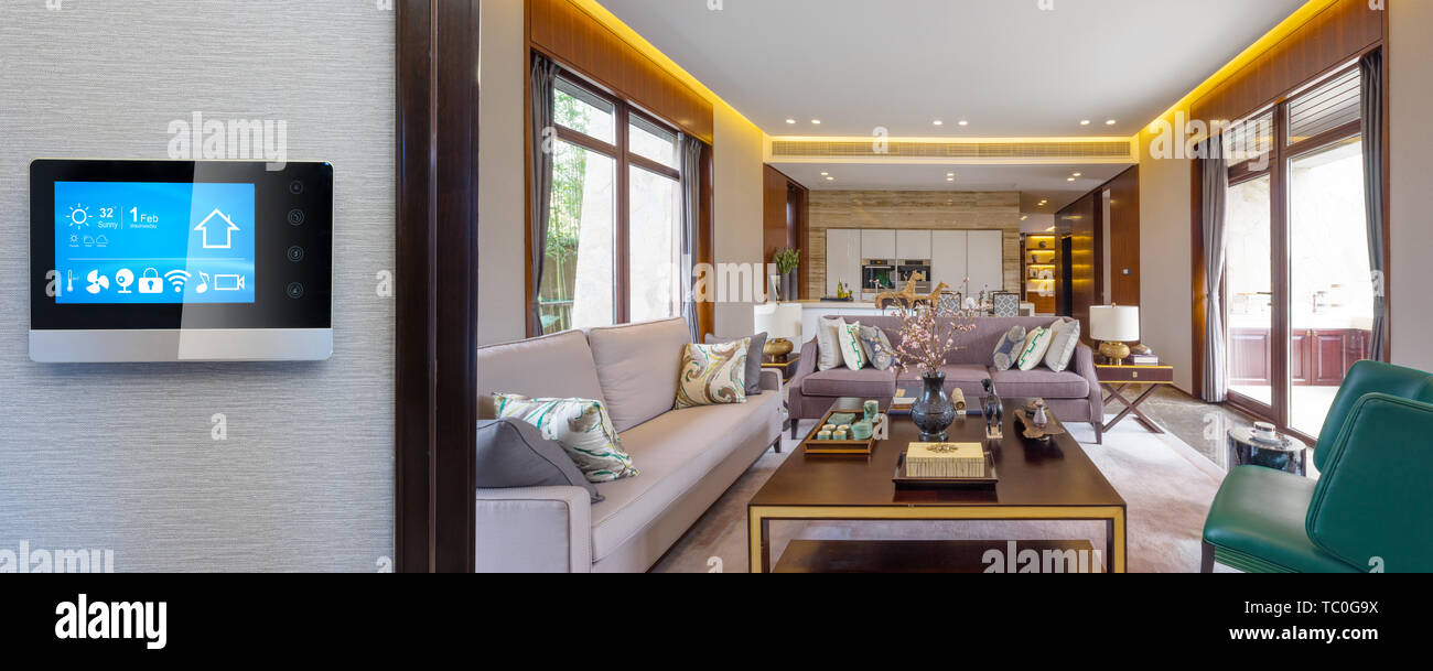 smart screen with smart home with modern living room Stock Photo - Alamy