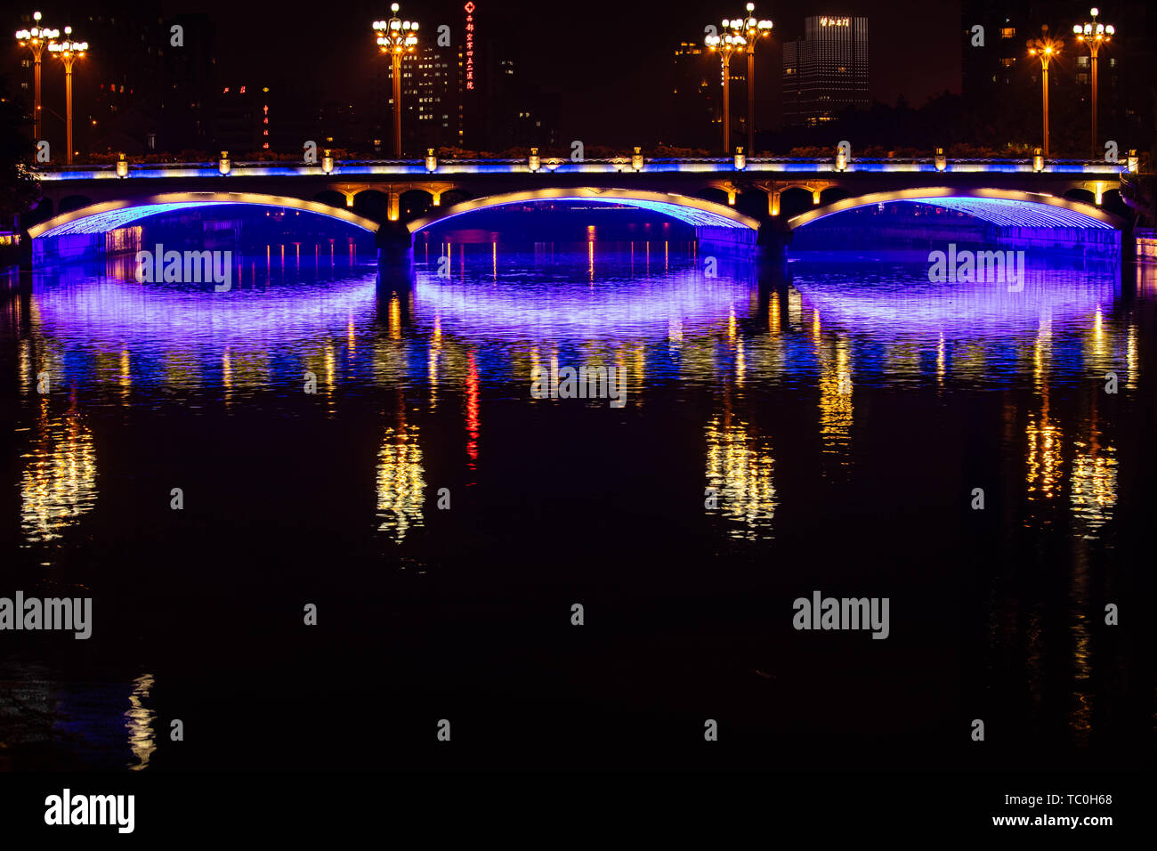 Night View of Nine Eye Bridge in Chengdu Stock Photo - Alamy