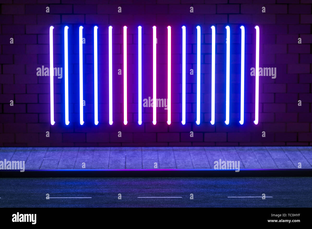 Glowing neon tube on the side of the road with vintage brick wall, 3D ...