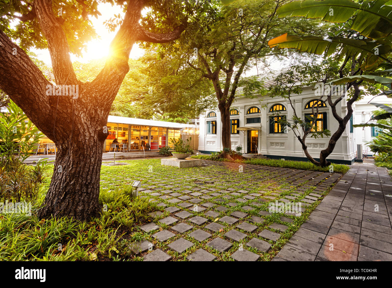 scene of restaurant front yard in sunset Stock Photo - Alamy