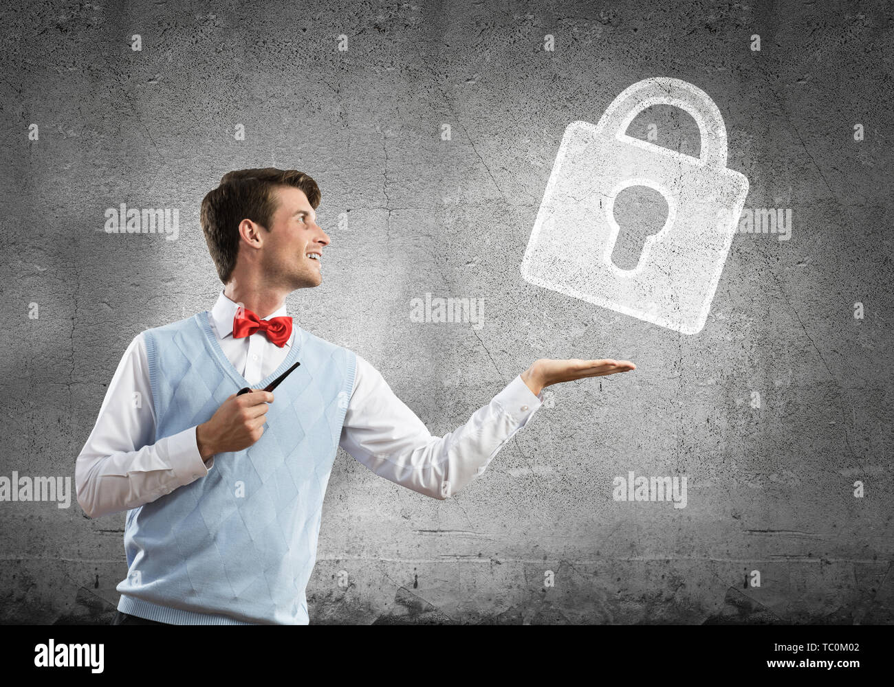 Elegant banker wearing red tie and lock sign as safety concept Stock ...