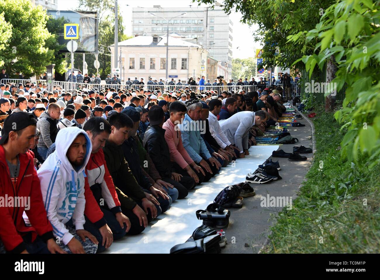 June 4, 2019. - Russia, Moscow. - Muslims pray during Eid al-Fitr, a ...