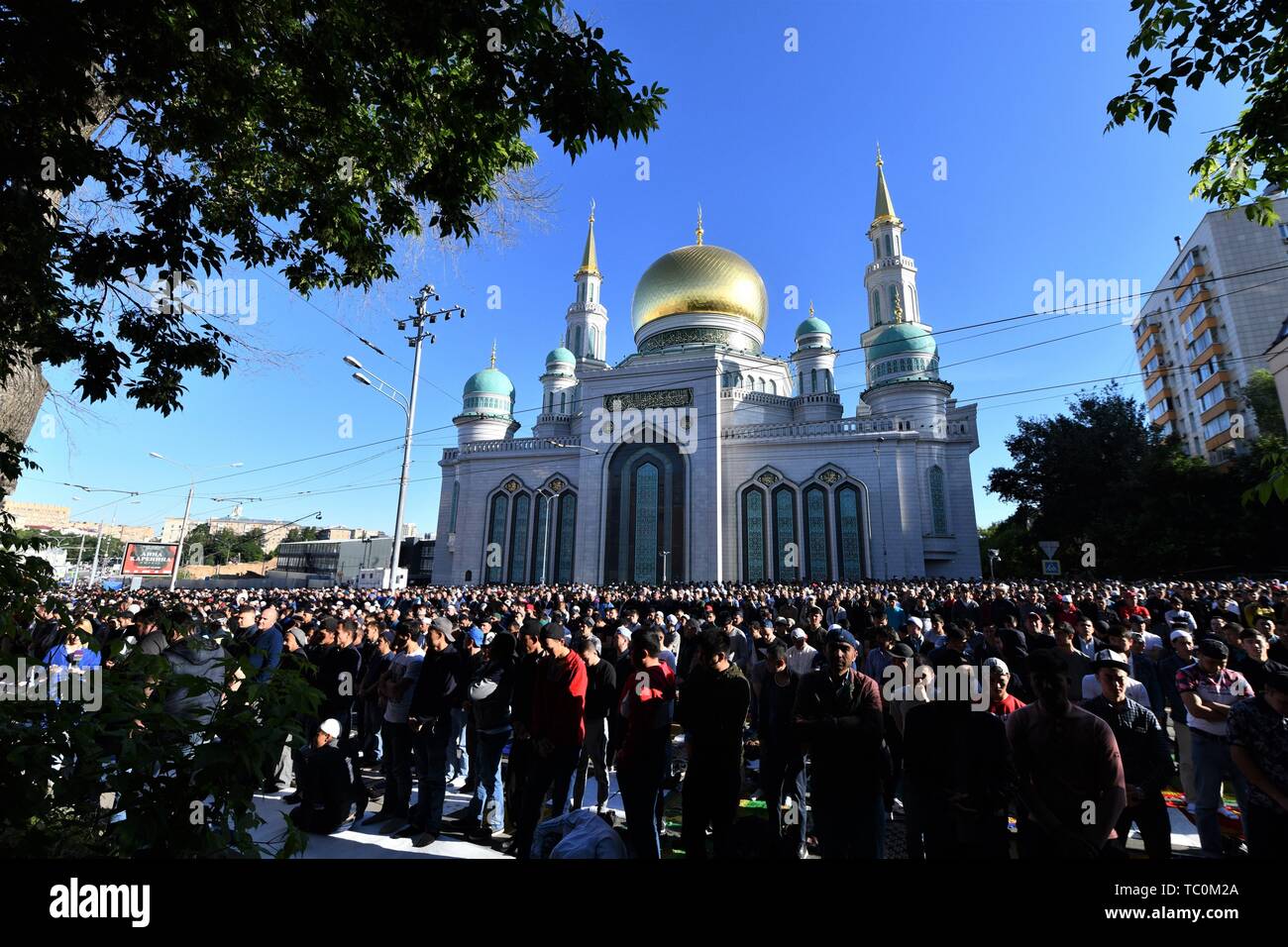 June 4, 2019. - Russia, Moscow. - Muslims pray during Eid al-Fitr, a ...
