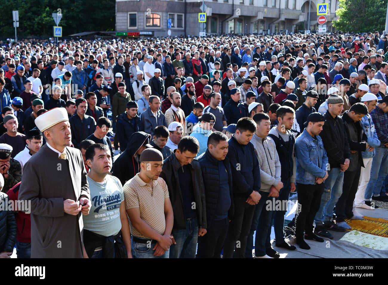 June 4, 2019. - Russia, Moscow. - Muslims pray during Eid al-Fitr, a ...