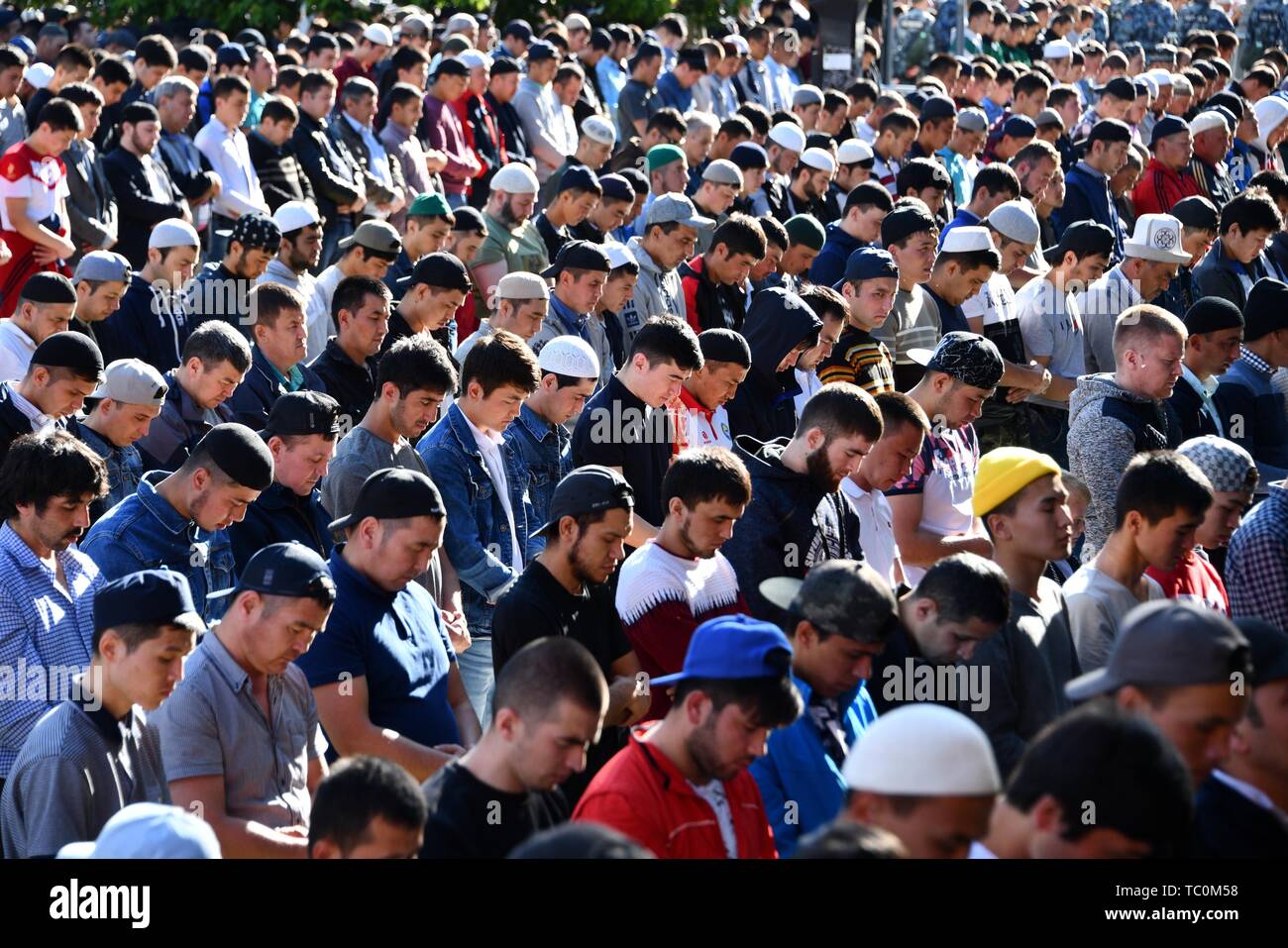 June 4, 2019. - Russia, Moscow. - Muslims pray during Eid al-Fitr, a ...