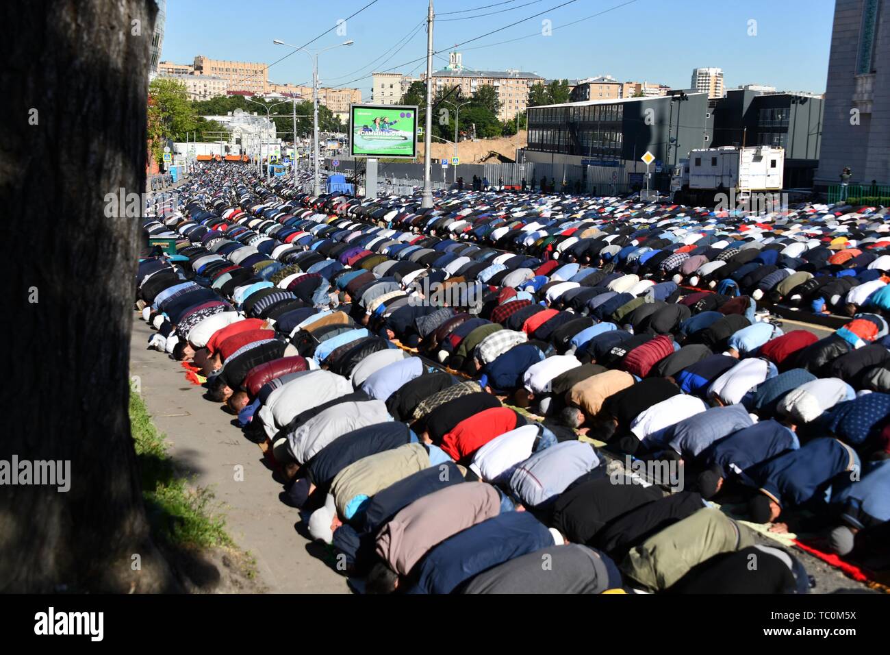 June 4, 2019. - Russia, Moscow. - Muslims pray during Eid al-Fitr, a ...