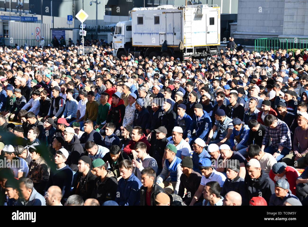 June 4, 2019. - Russia, Moscow. - Muslims pray during Eid al-Fitr, a ...