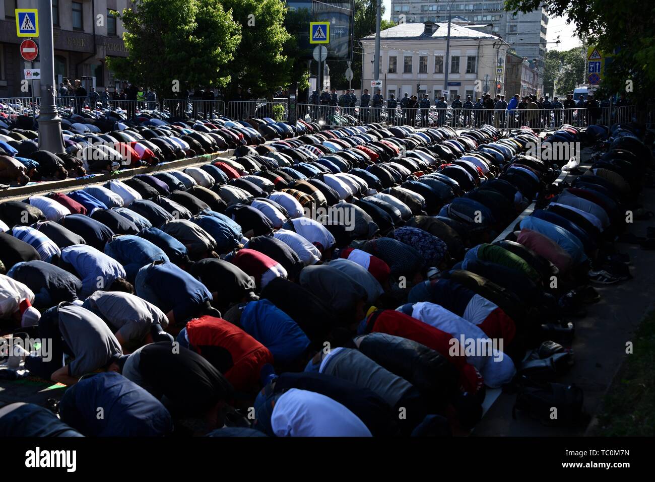 June 4, 2019. - Russia, Moscow. - Muslims pray during Eid al-Fitr, a ...
