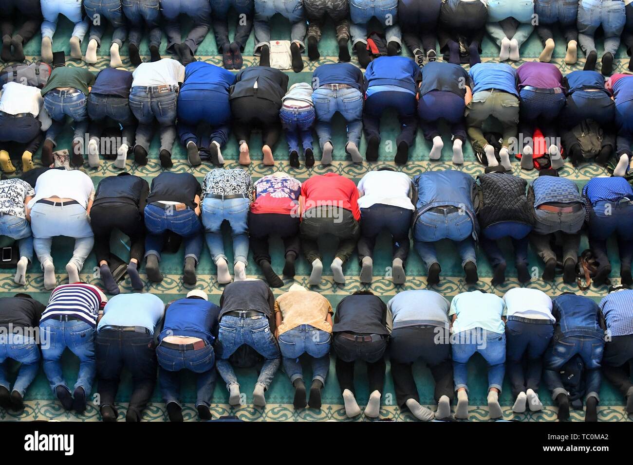June 4, 2019. - Russia, Moscow. - Muslims pray during Eid al-Fitr, a ...