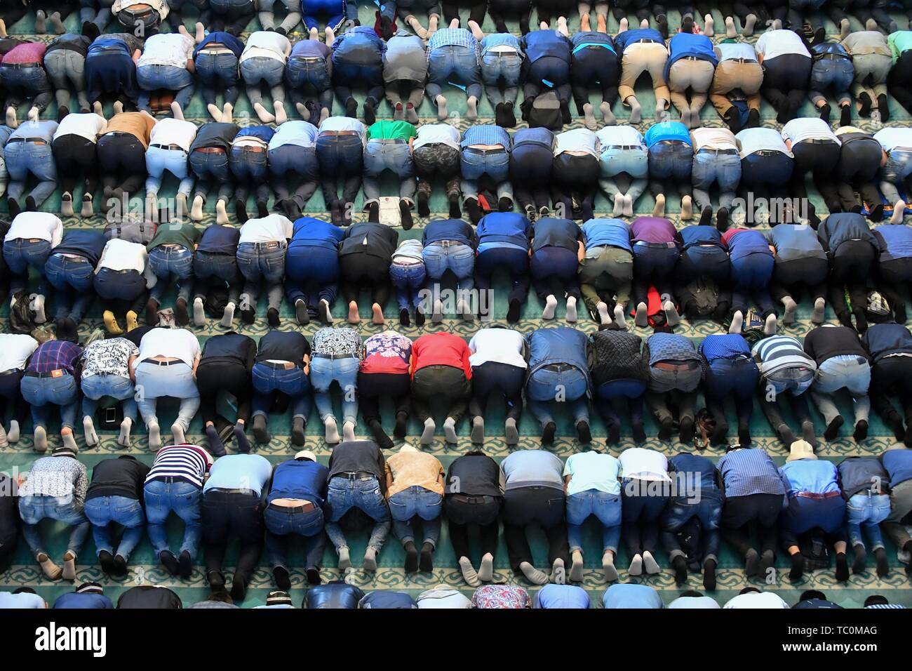 June 4, 2019. - Russia, Moscow. - Muslims pray during Eid al-Fitr, a ...