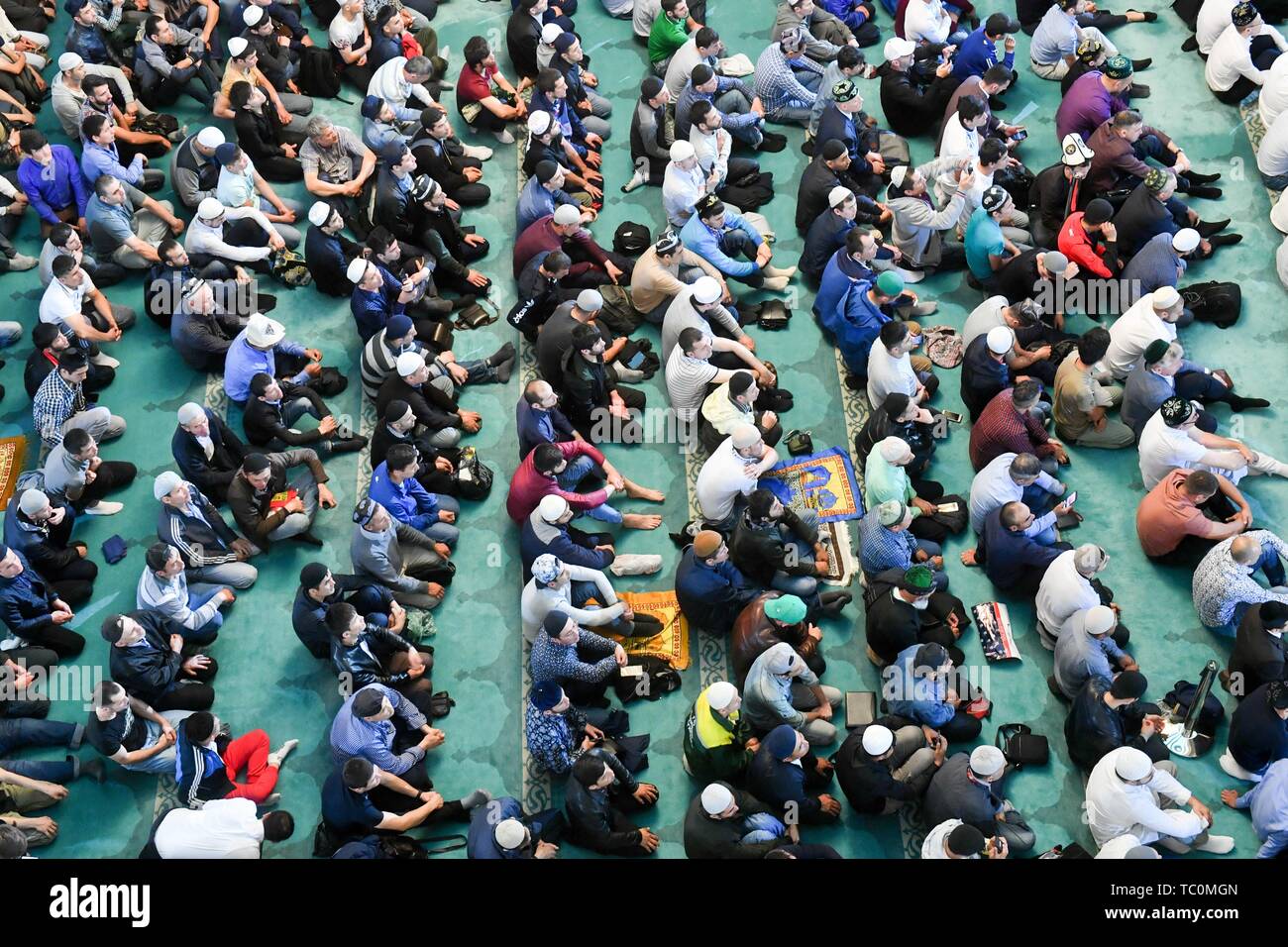 June 4, 2019. - Russia, Moscow. - Muslims pray during Eid al-Fitr, a ...
